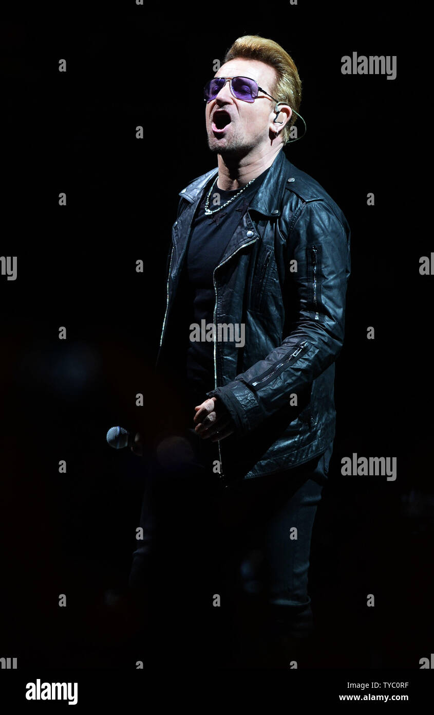 Irish singer Bono performs with U2 at the O2 Arena in London on October ...