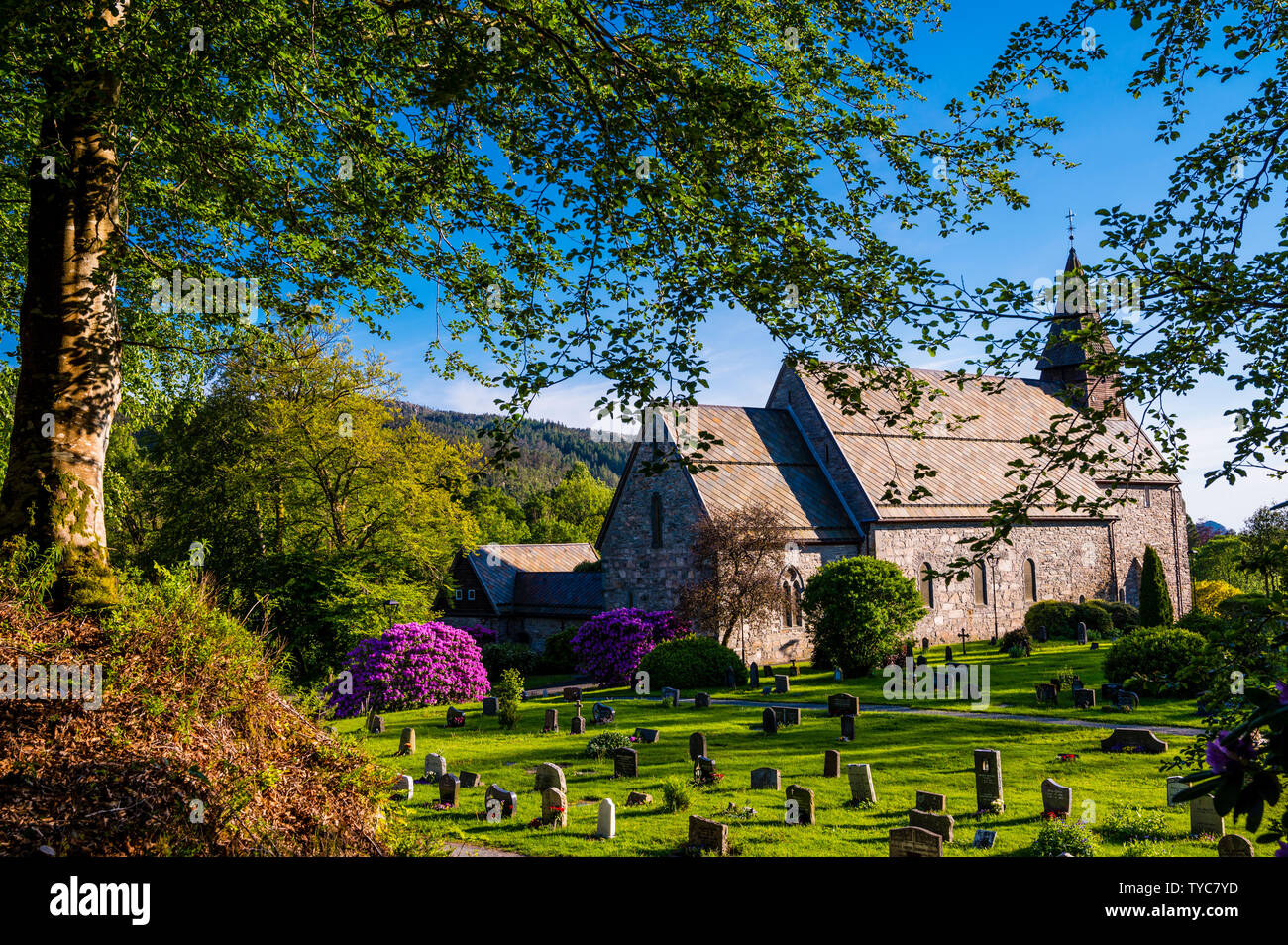 The old stone church in Fana is built in the middle ages Stock Photo ...
