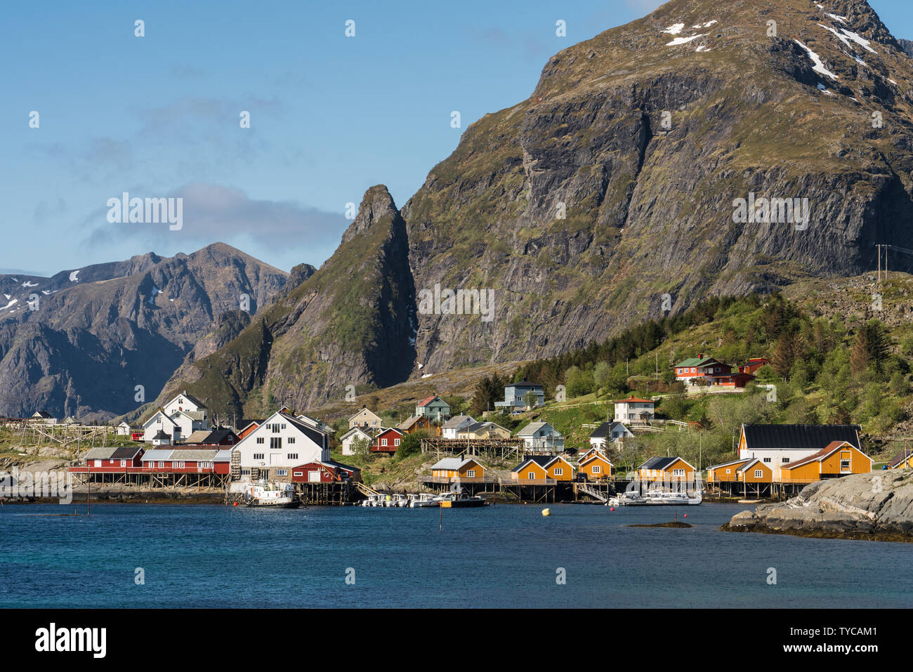 Village of Sorvagen, Lofoten Islands, Norway across the bay on a sunny ...