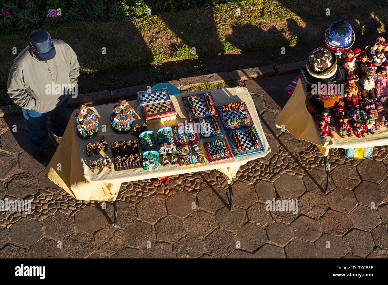 Aerial view of market stalls, vendors in San Blas, Cusco, Peru, South ...