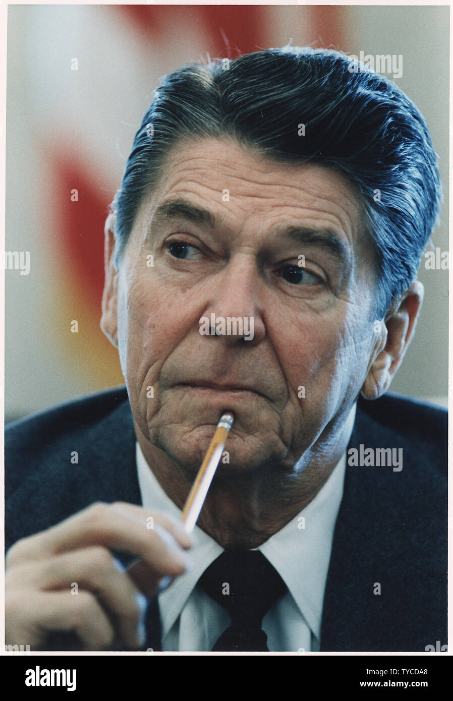 Photograph of Head Shot of President Reagan at a cabinet room meeting ...
