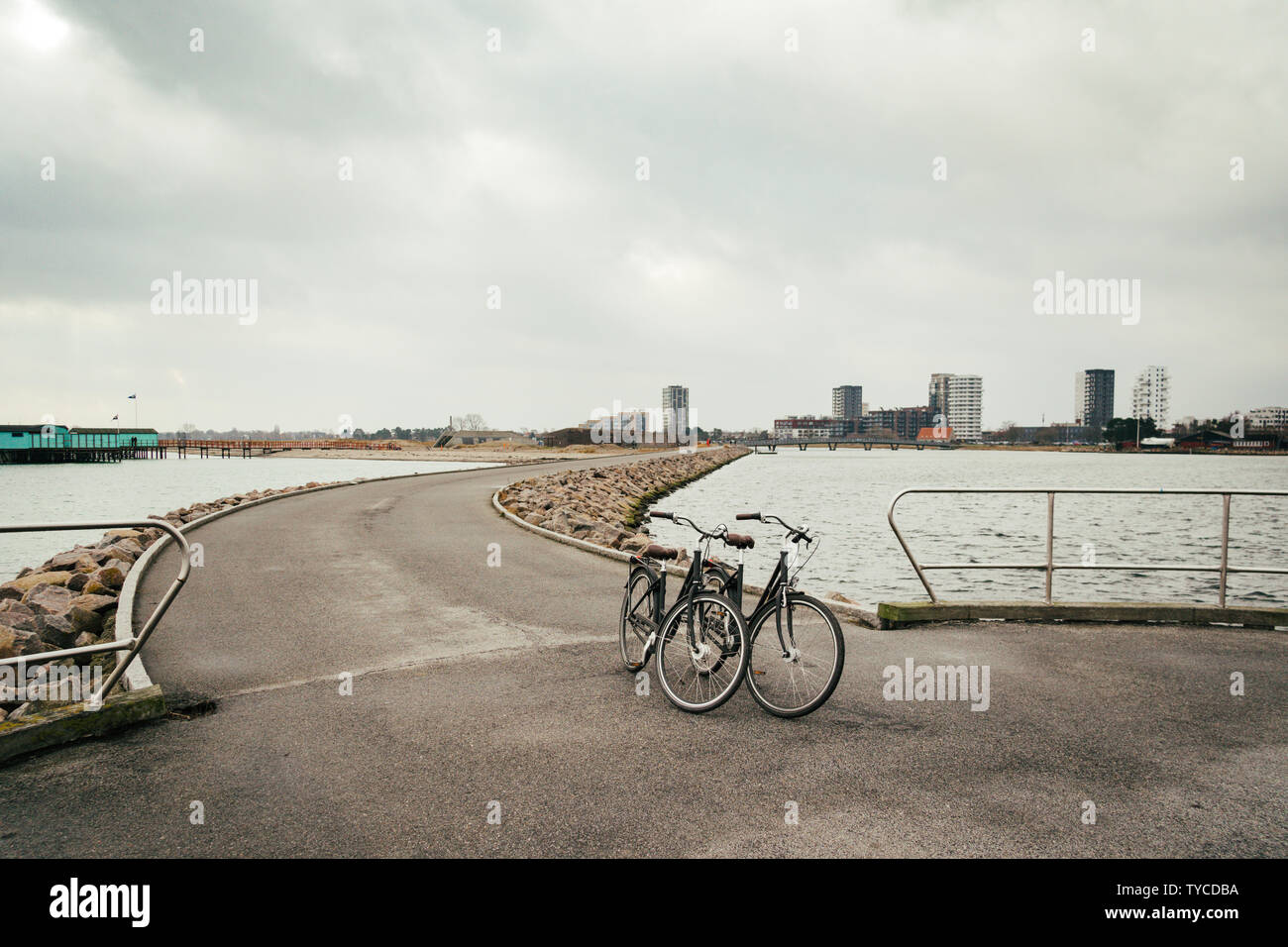Two identical retro black city bicycles parked on embankment, road ...