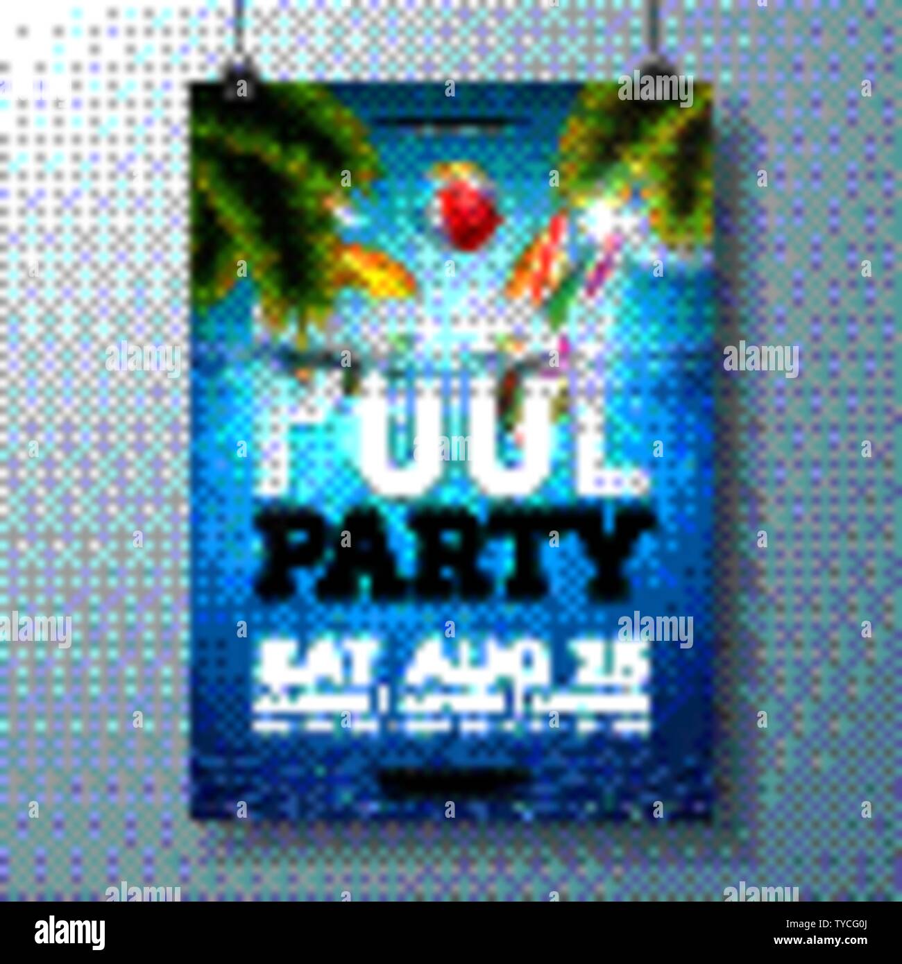Summer pool party poster design template with palm leaves, water, beach ...