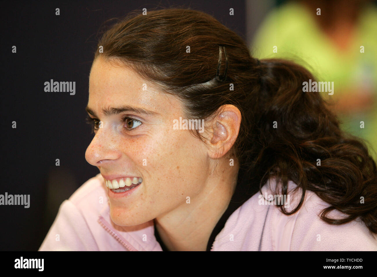 Nathalie Dechy of France, currently ranked #12 on the WTA Tour, smiles ...