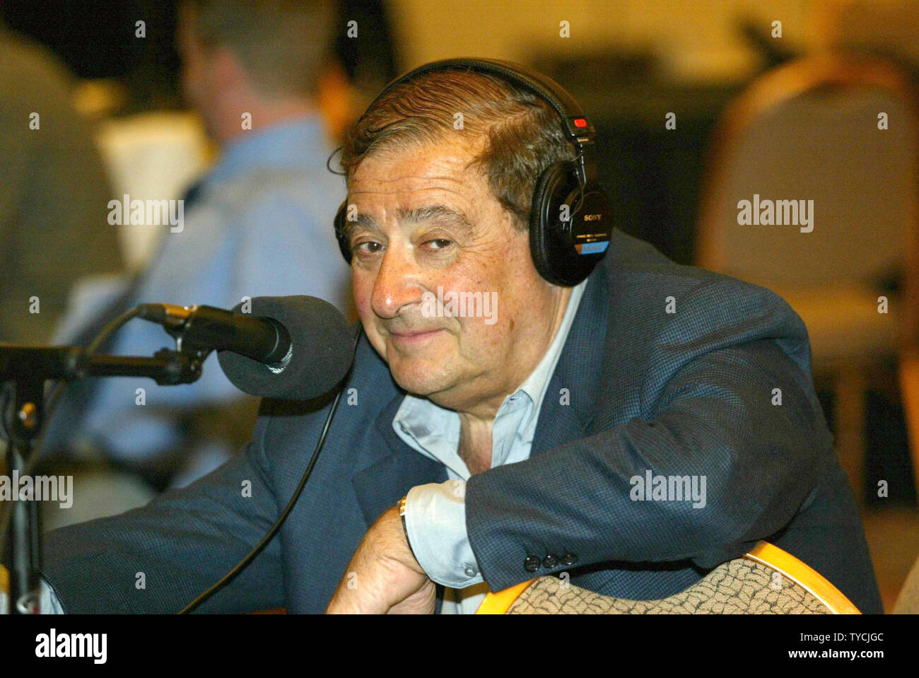 Promoter Bob Arum of Top Rank gives a radio interview after the DeLa ...