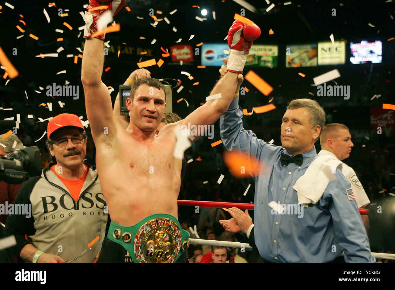 Heavyweight champion Vitali Klitschko of Ukraine and cut man Stitch ...