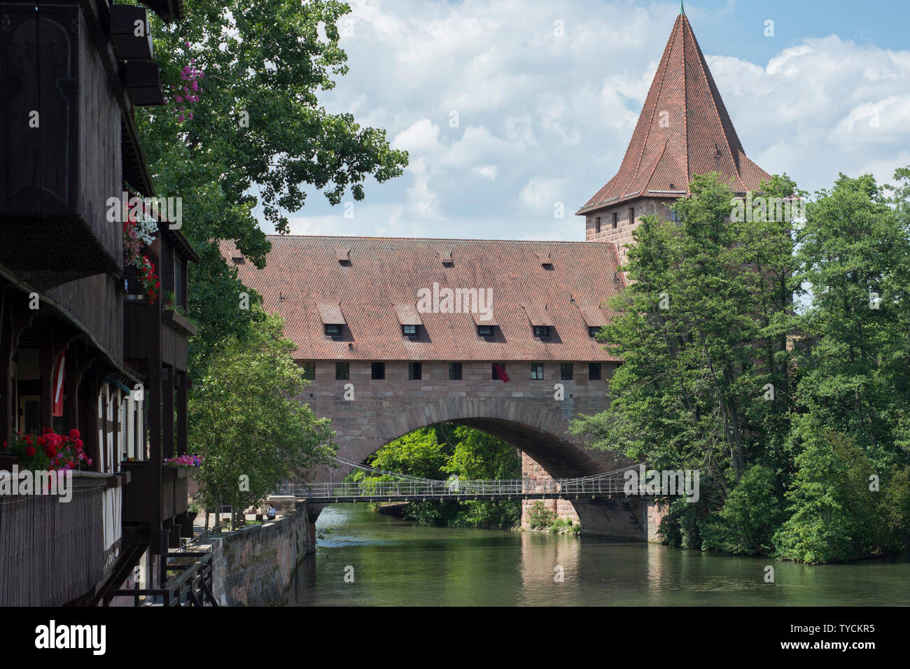 chain bridge and tower schlayerturm, pegnitz river, nuremberg ...
