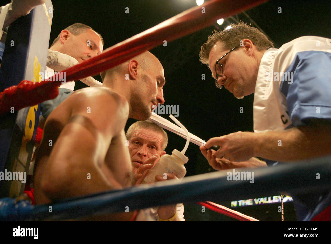 Underdog Roman Karmazin of St. Petersburg, Russia is worked on between ...