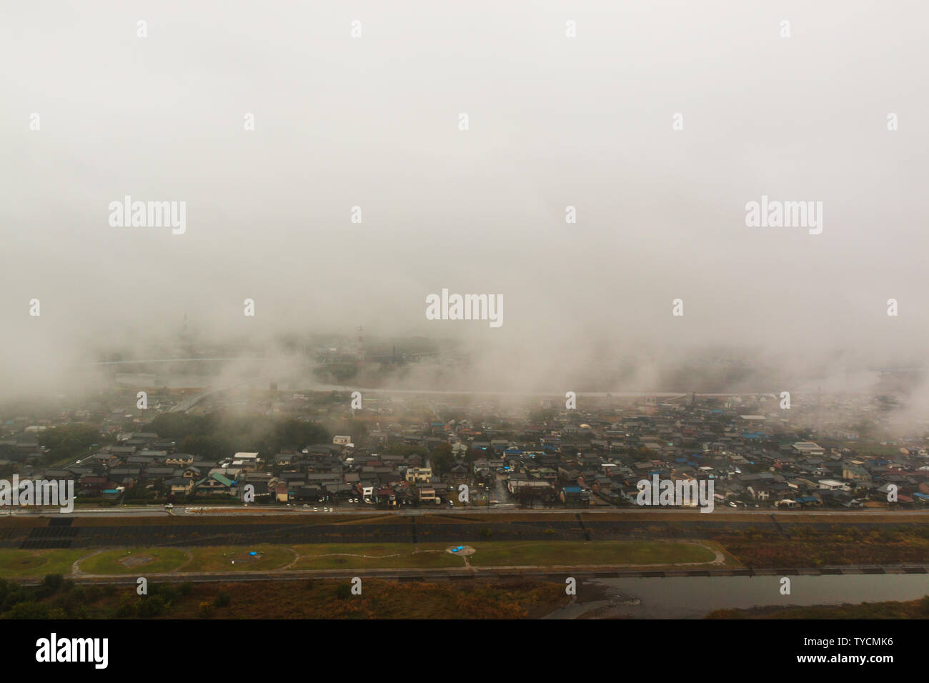 Countryside on bird eye view with Morning fog Stock Photo - Alamy