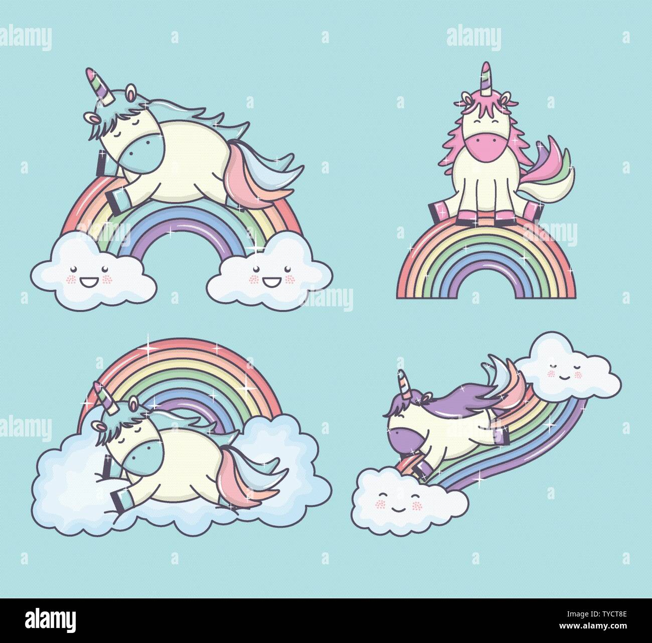 group of cute unicorns with rainbows and clouds characters vector ...
