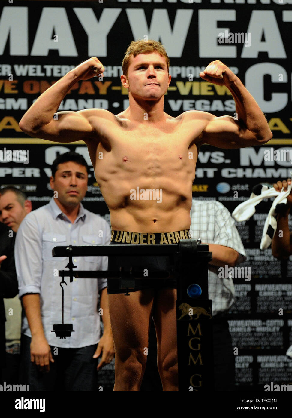 Boxer Canelo Alvarez of Mexico gestures during the final weigh-in event ...