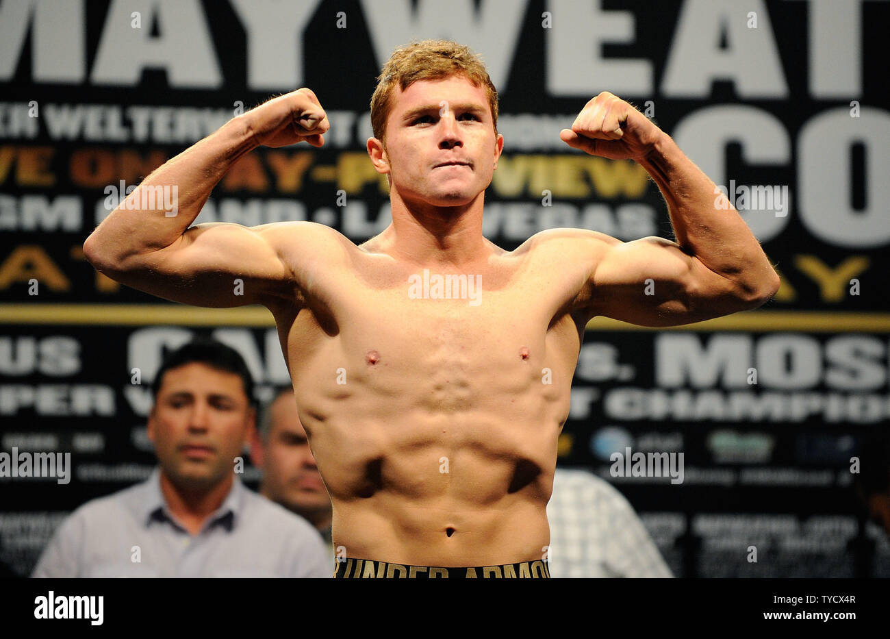 Boxer Canelo Alvarez of Mexico gestures during the final weigh-in event ...