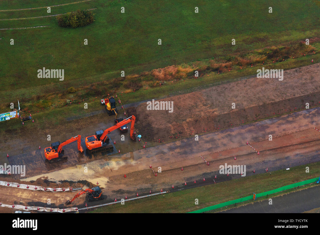 Wheel loader excavator working construction site, on top view Stock ...