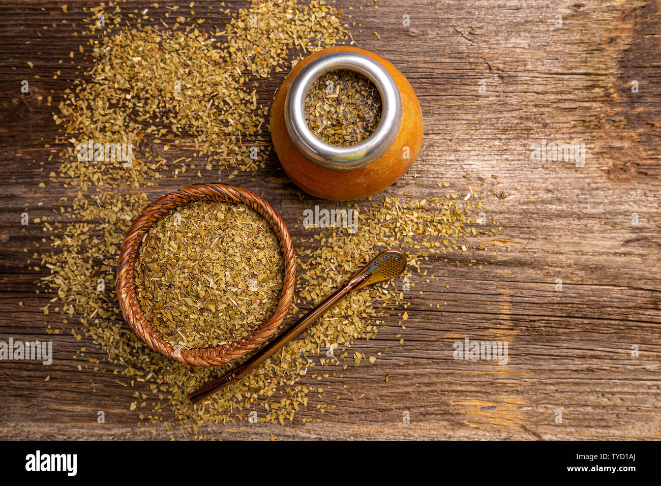 Flat lay of mate tea in a traditional calabash gourd Stock Photo - Alamy