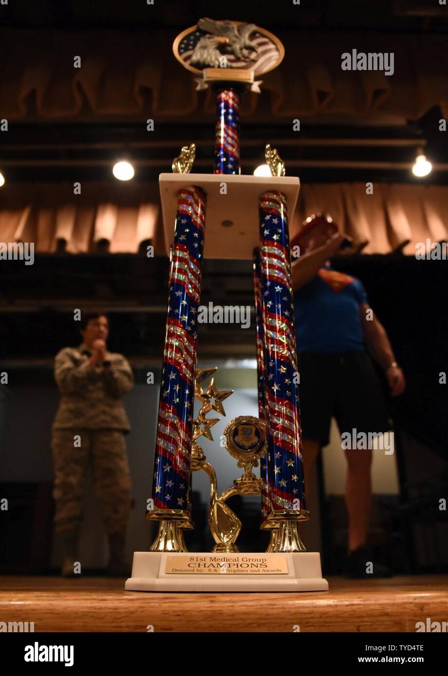 A trophy sits on display during the 81st MDG Push-up Competition at the ...
