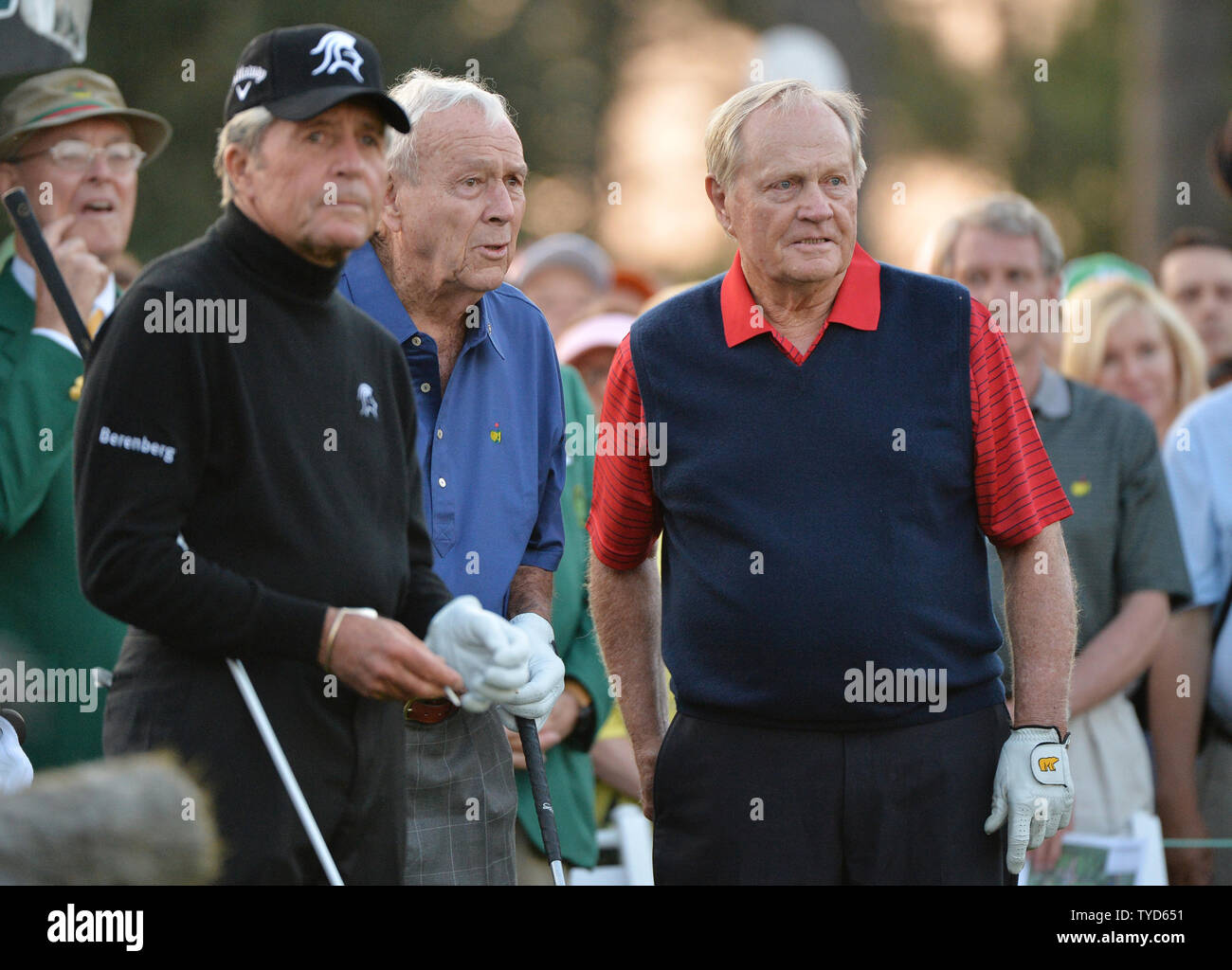Jack Nicklaus, Arnold Palmer and Gary Player stand on the first tee ...