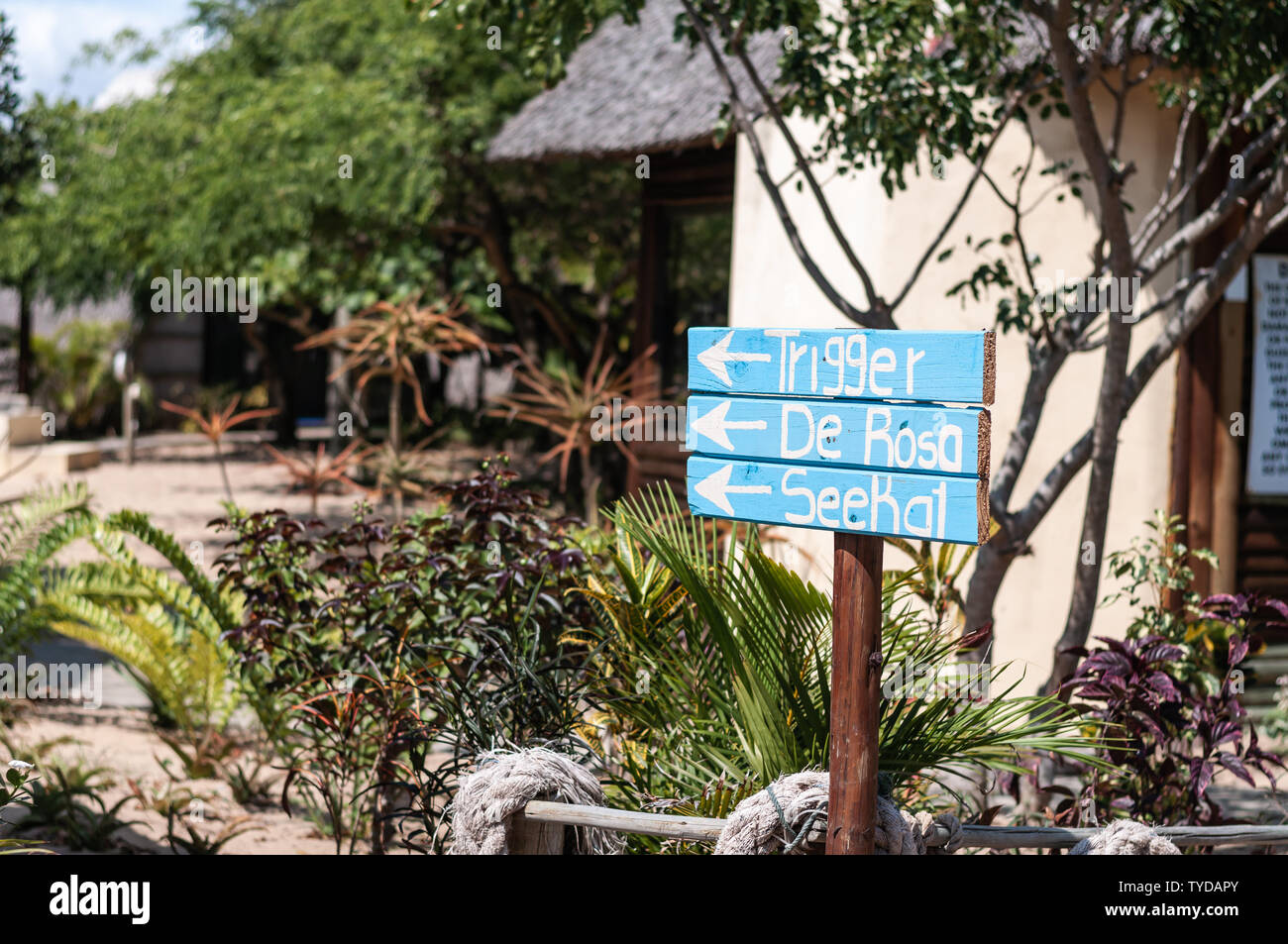 Different signs around a resort Stock Photo - Alamy