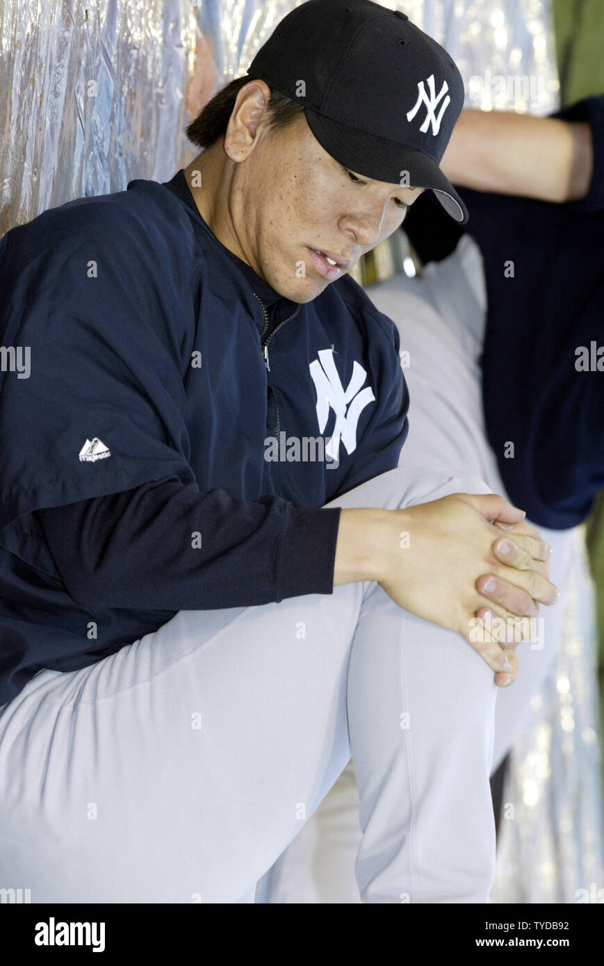 New York Yankees Hideki Matsui stretches during warm ups prior to the ...