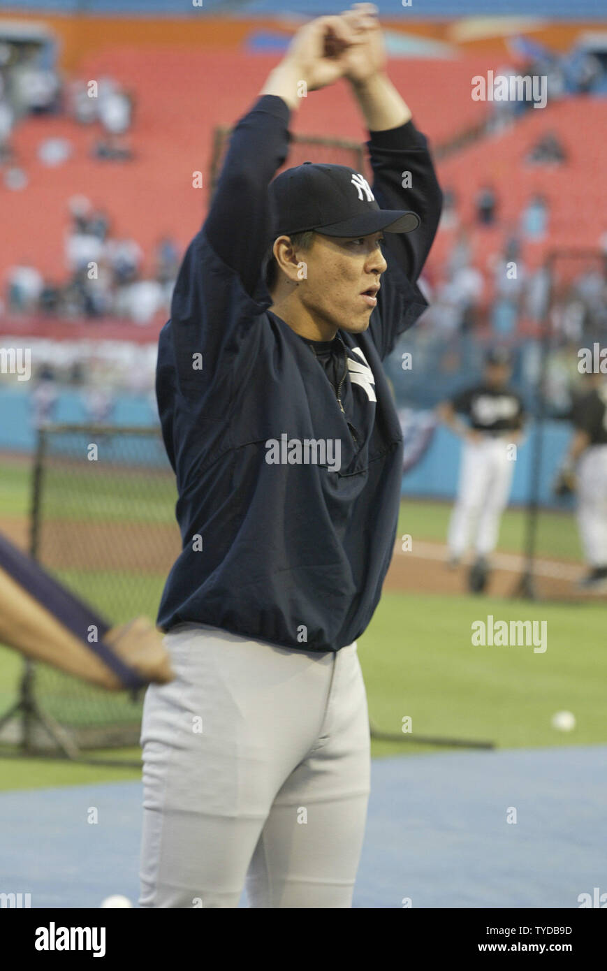 New York Yankees Hideki Matsui stretches during warm ups prior to the ...