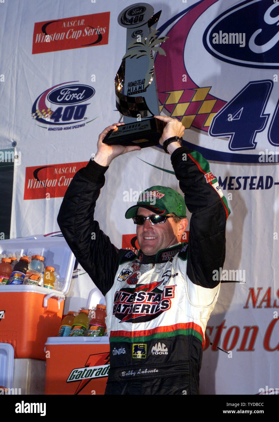 Bobby Labonte celebrates winning the NASCAR Ford 400, at Homestead ...