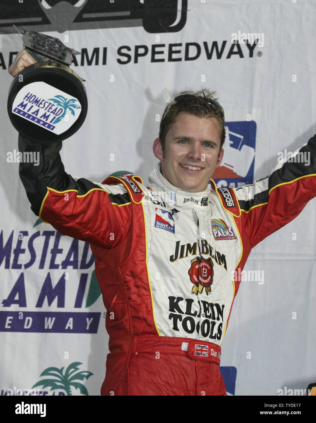 Dan Wheldon celebrates winning the Toyota 300, at Homestead Miami ...