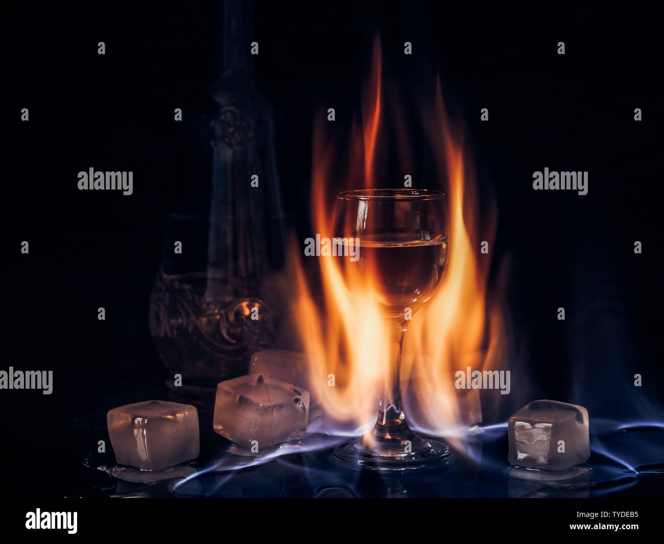 Fire on the wine glass, fire on the cocktail glass , vodka ice and fire ...