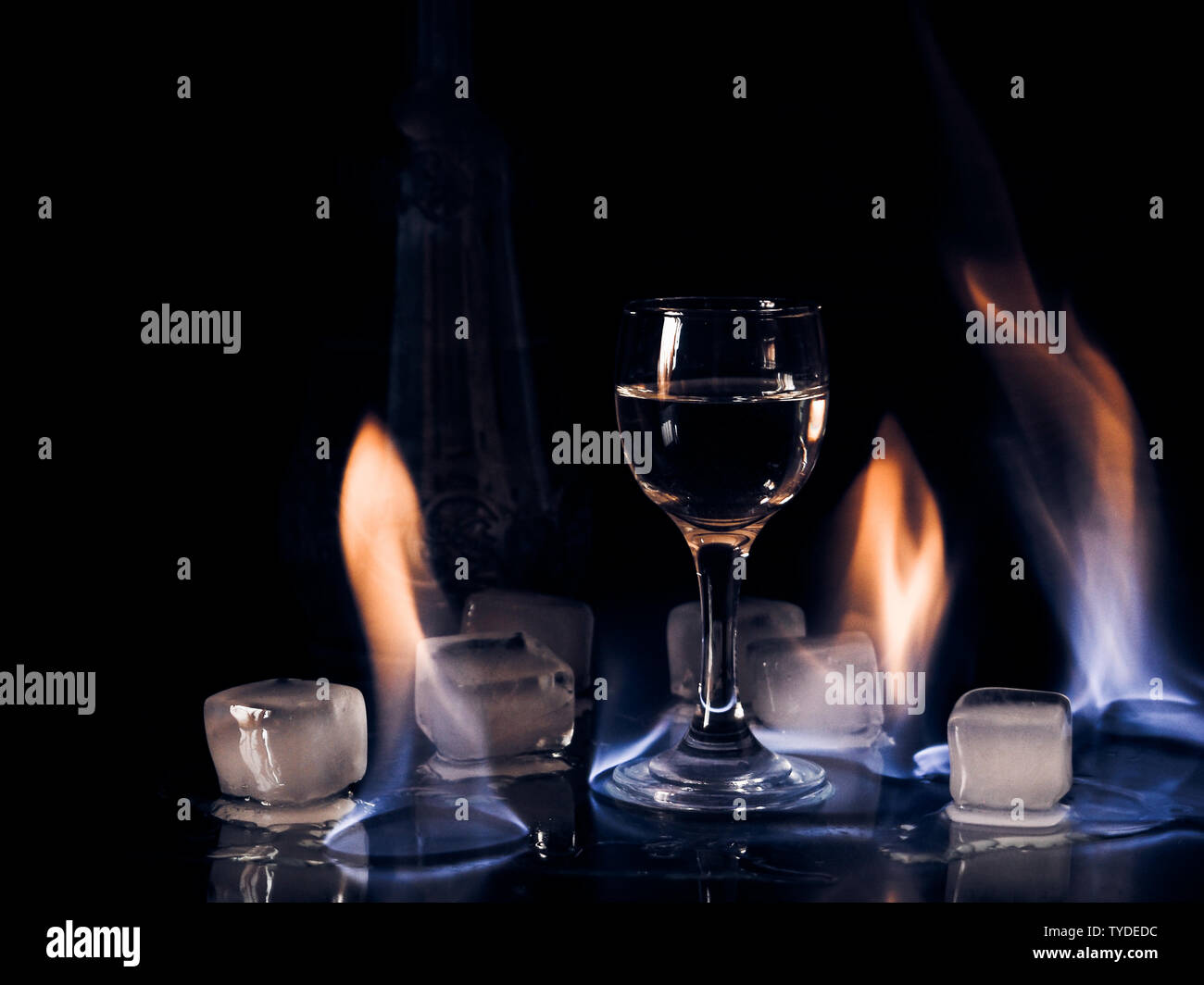 Fire on the wine glass, fire on the cocktail glass , vodka ice and fire ...