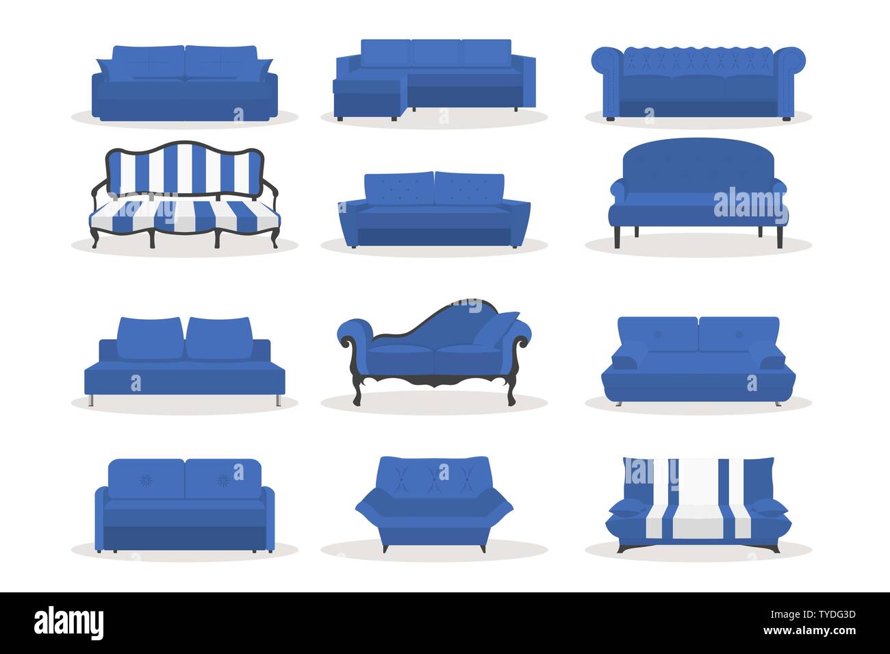 Vector Different Blue Leather Luxury Office Sofa, Couch Icon Set in ...