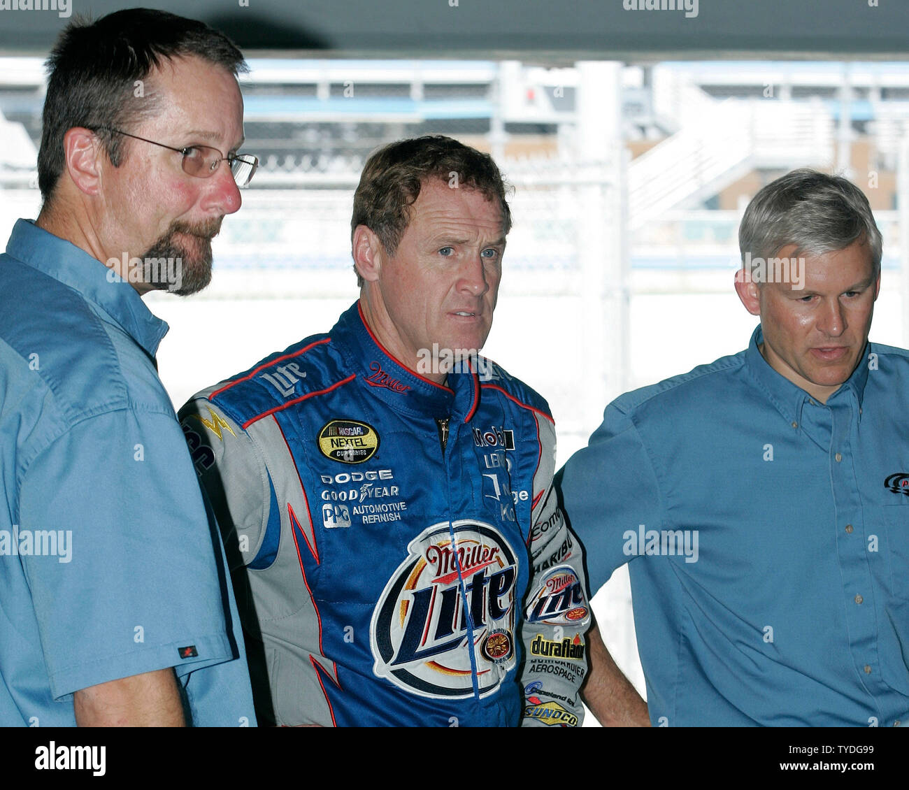 NASCAR Nextel Cup driver Rusty Wallace (C) in his garage during a ...