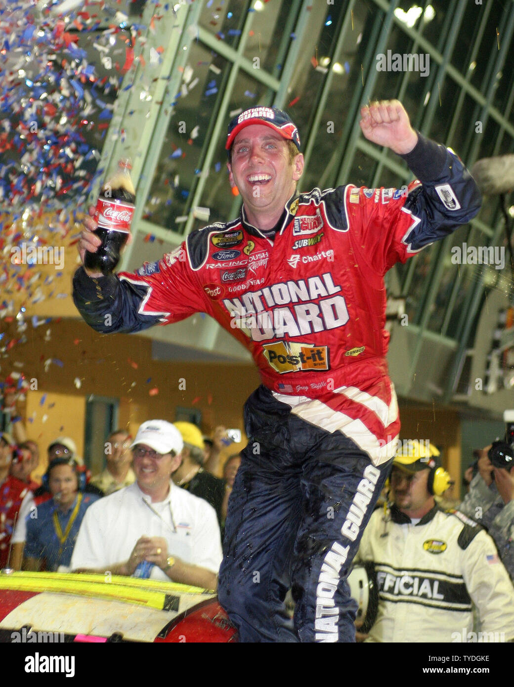 Greg Biffle celebrates victory in the NASCAR Nextel Cup Ford 400 race ...