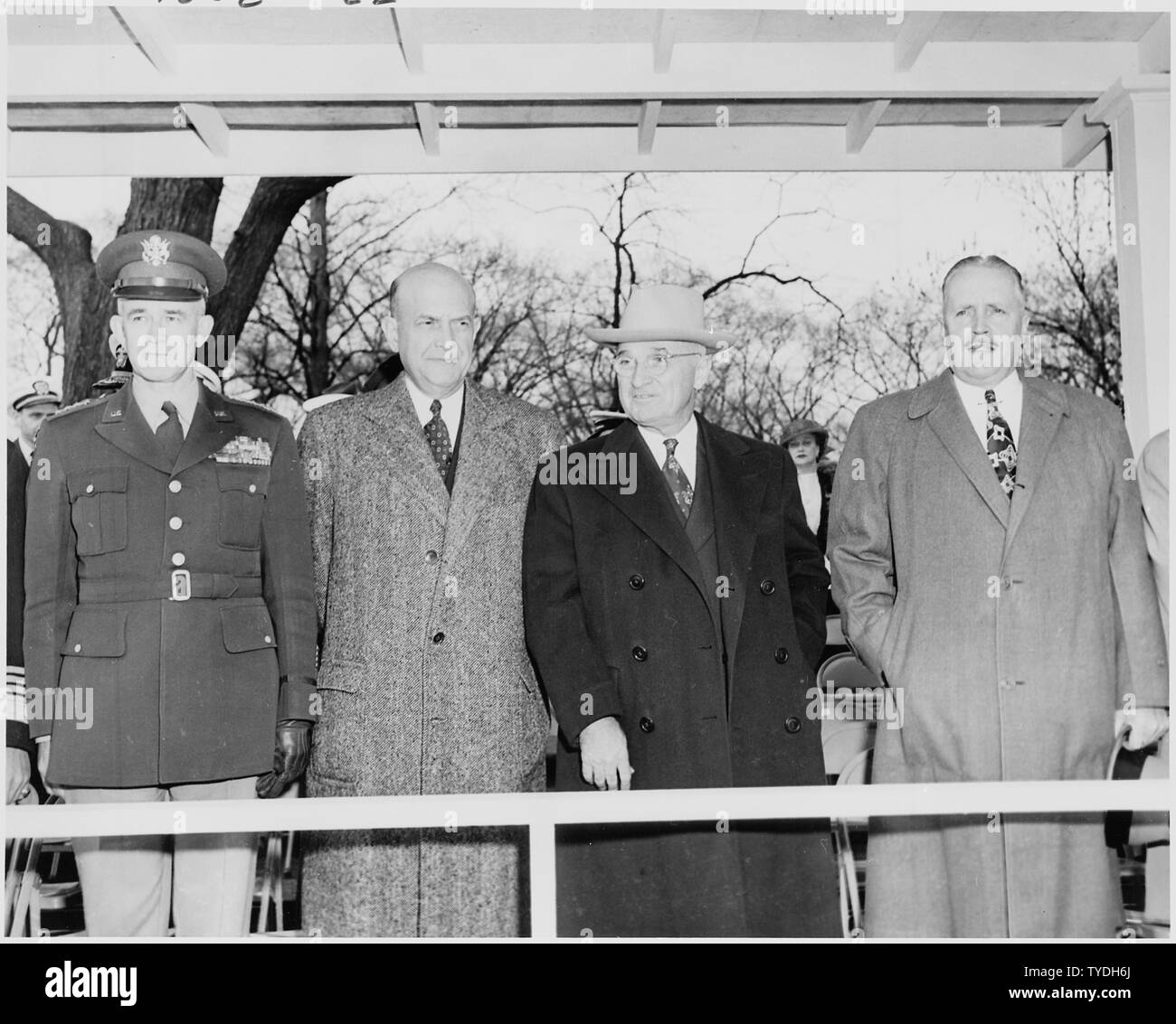 Photograph of President Truman reviewing a parade during ceremonies in ...