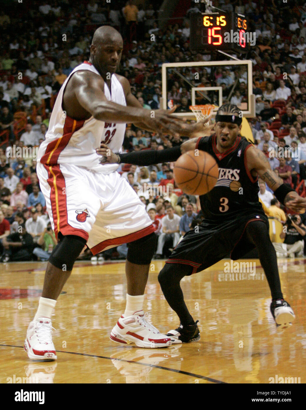 Miami Heats Shaquille O'Neal knocks the ball out of Philadelphia 76ers ...