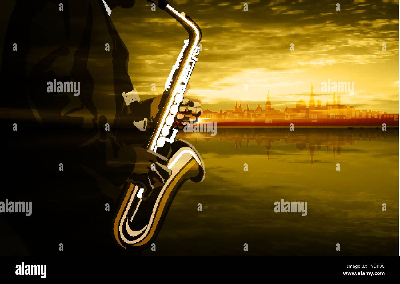 abstract gold illustration with saxophone player on cityscape ...