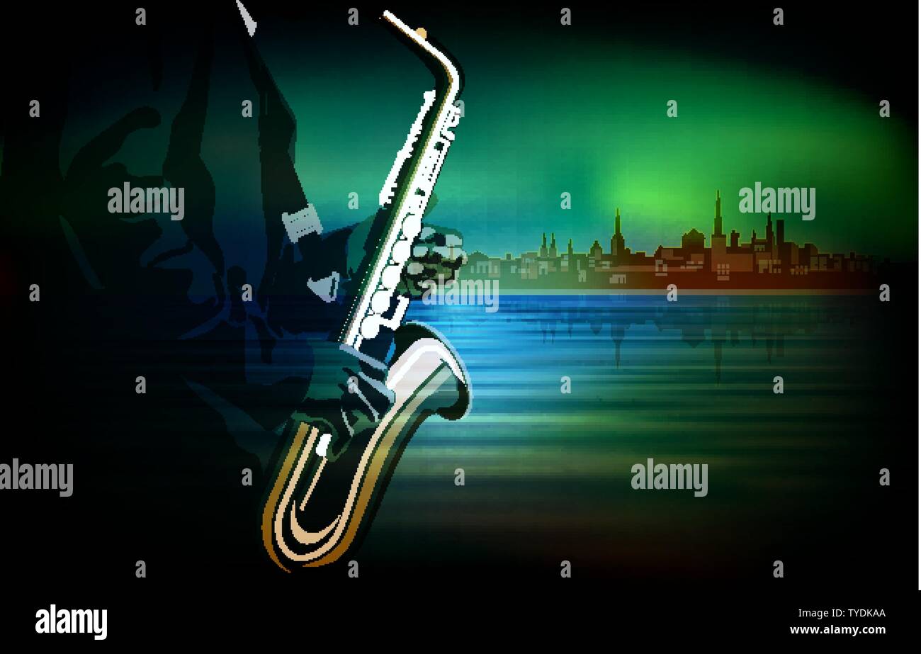 abstract green illustration with saxophone player on cityscape ...
