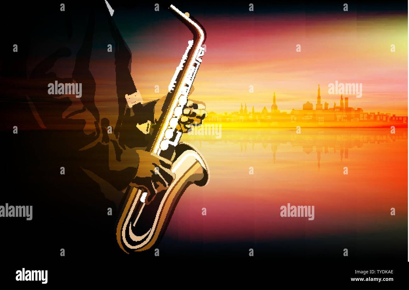 abstract orange illustration with saxophone player on cityscape ...