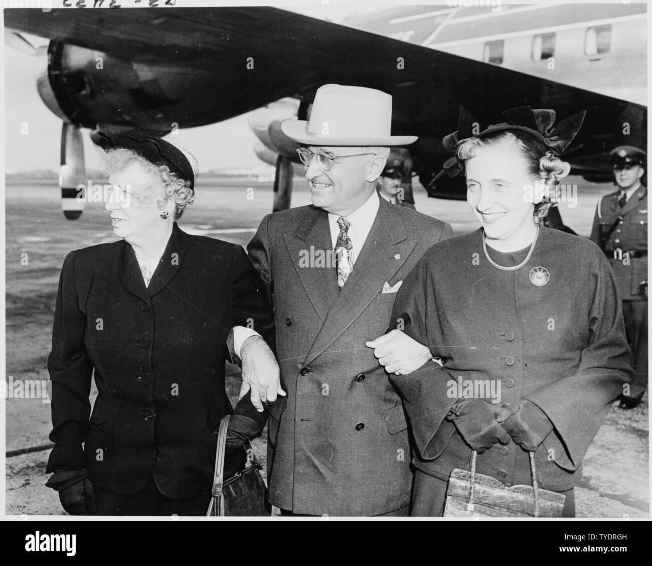 Photograph of President Truman with Mrs. Truman and their daughter ...