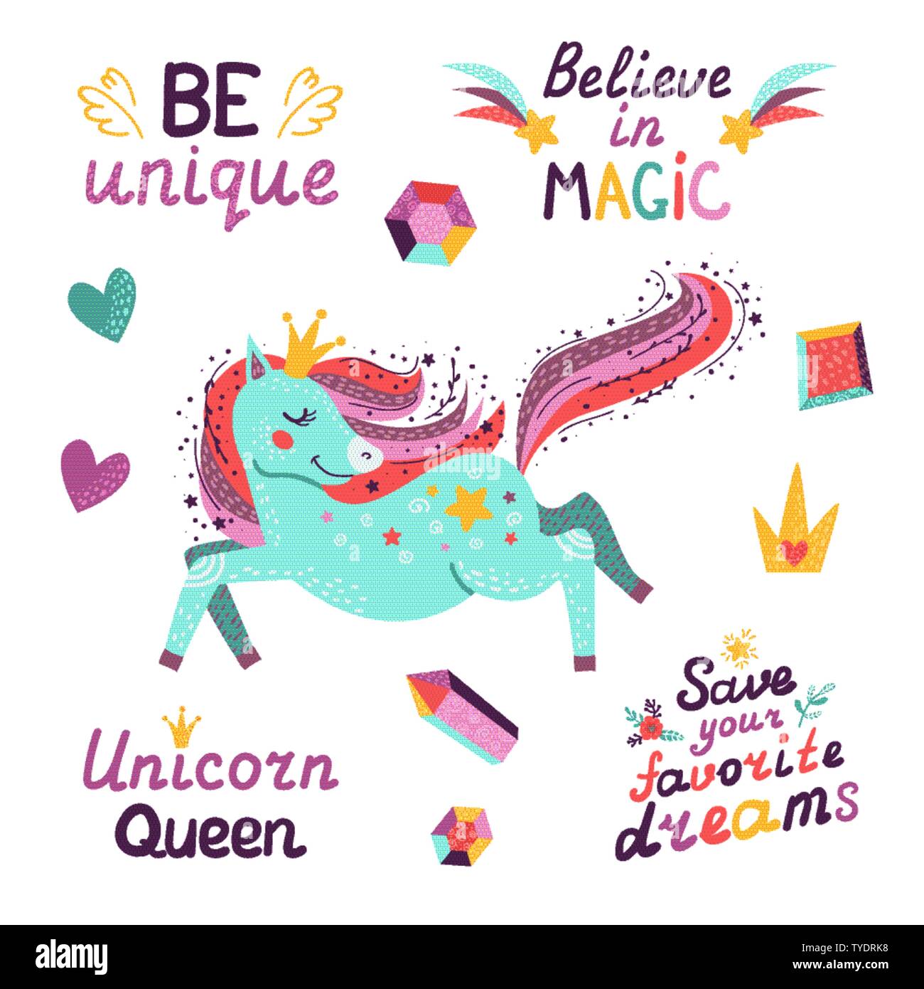 Set of fantasy unicorn, crystal, crown and lettering Stock Vector Image ...