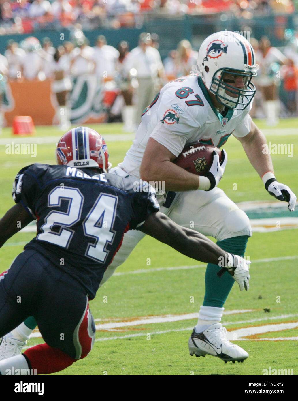 Miami Dolphins Tight End Justin Peelle (87) is tackled by Buffalo Bills ...