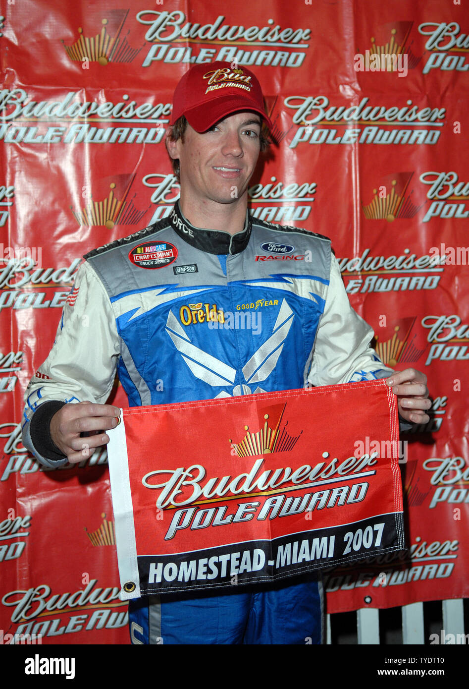 Jon Wood celebrates winning the pole for the Ford 200 NASCAR Craftsman ...