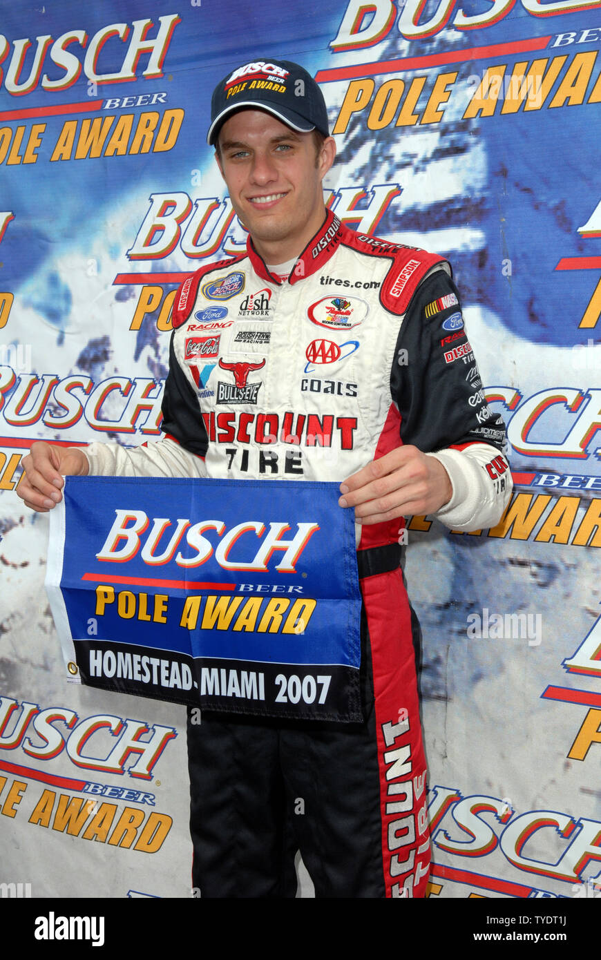 David Ragan celebrates winning the pole position for the NASCAR Busch ...