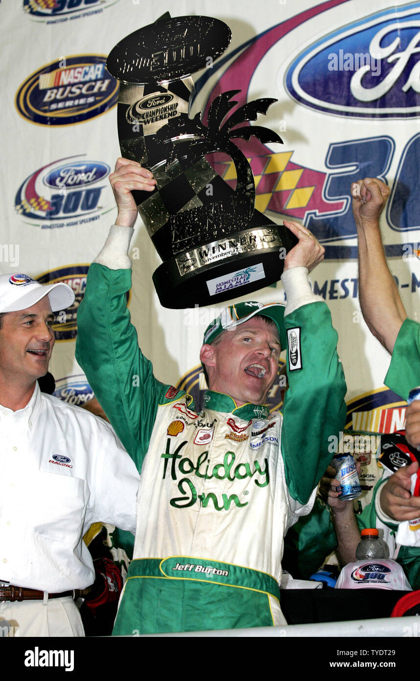 Jeff Burton celebrates winning the NASCAR Busch series Ford 300 at ...