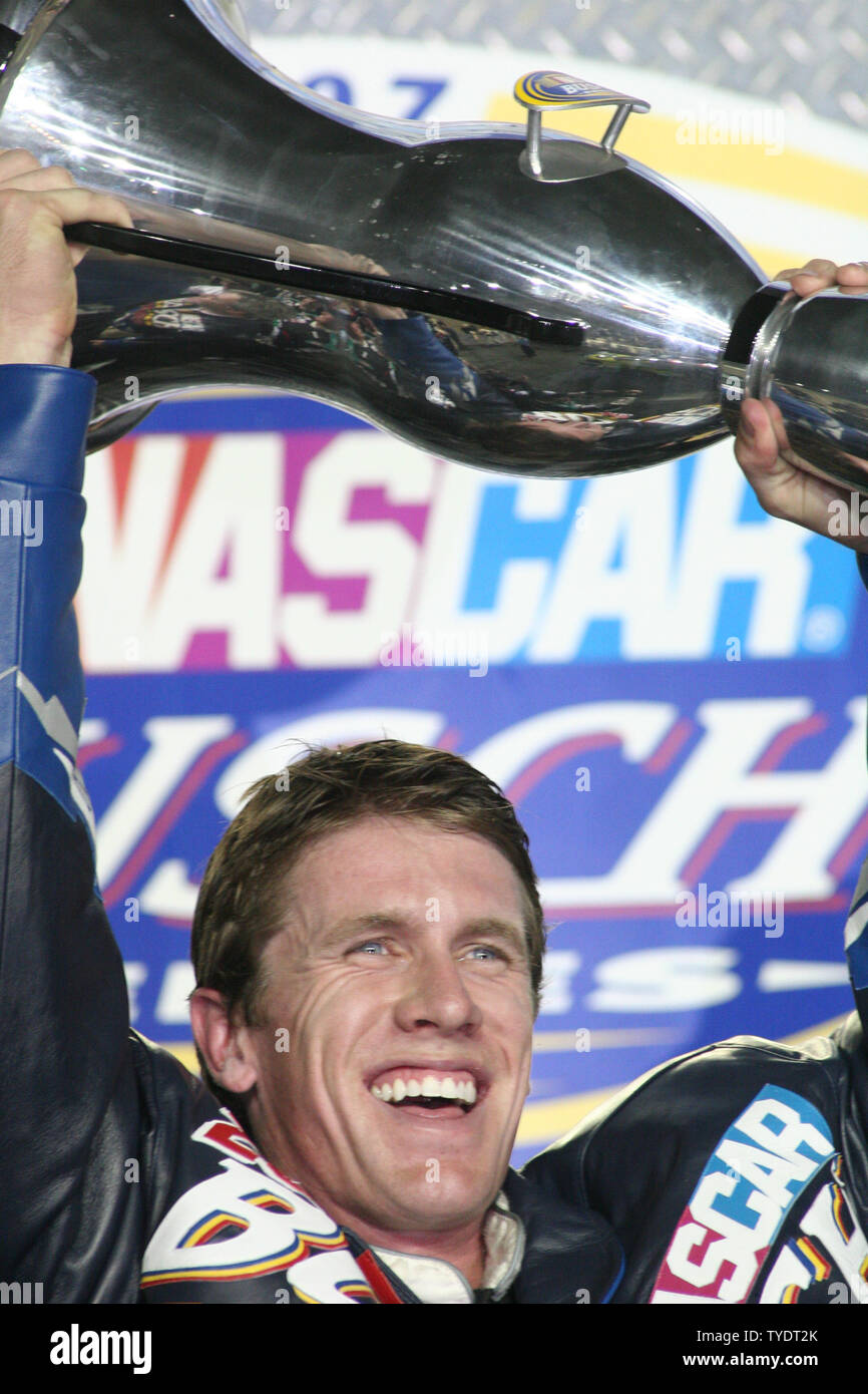 Carl Edwards celebrates winning the 2007 NASCAR Busch series ...