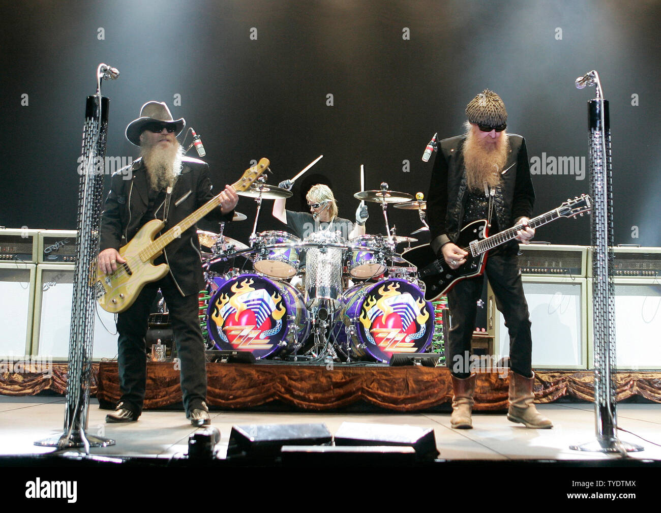 ZZ Top (L-R Dusty Hill, Frank Beard, Billy Gibbons) performs in concert ...
