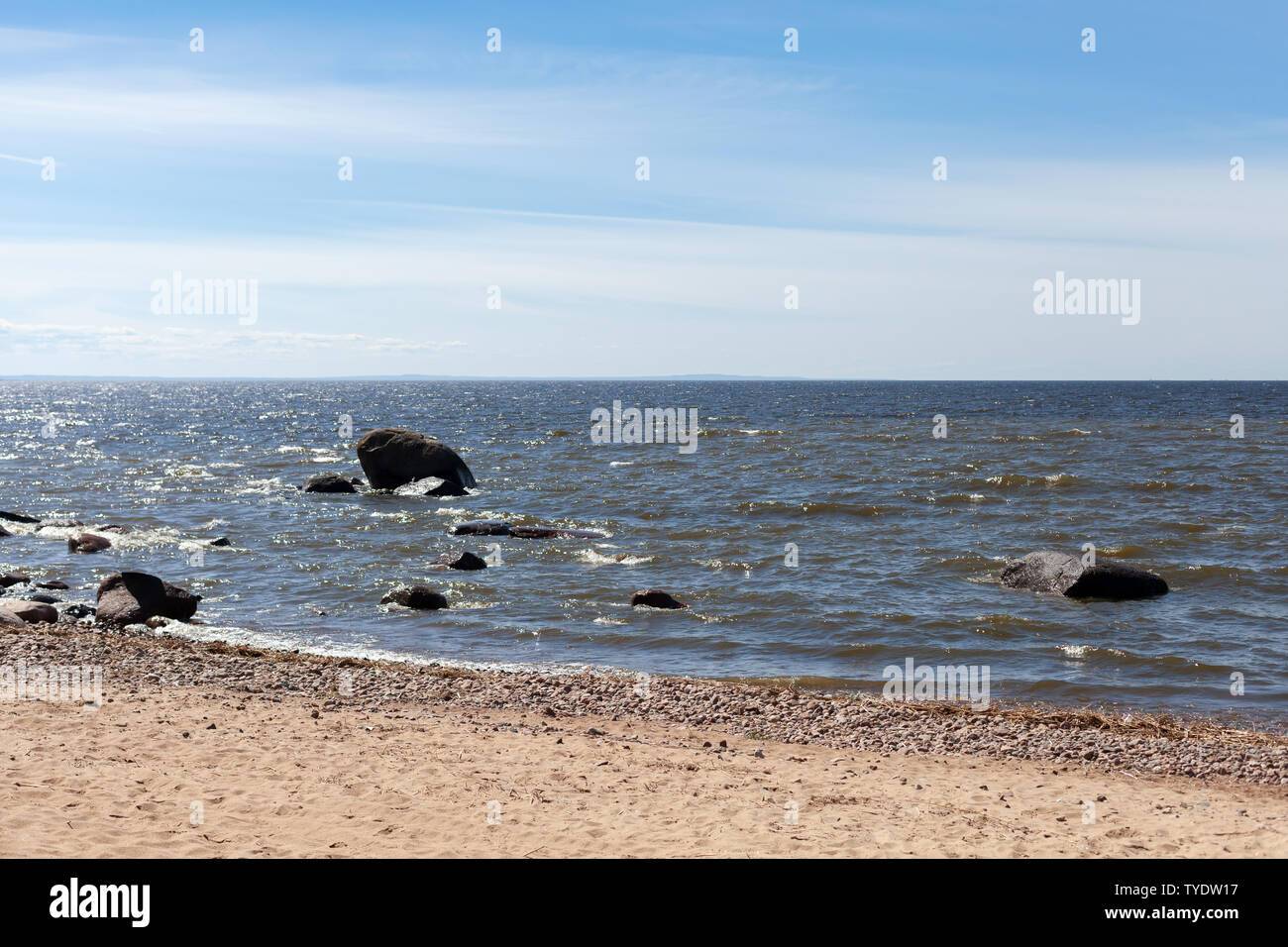 Baltic Sea coast in summer. Landscape with shore water and wet stones ...