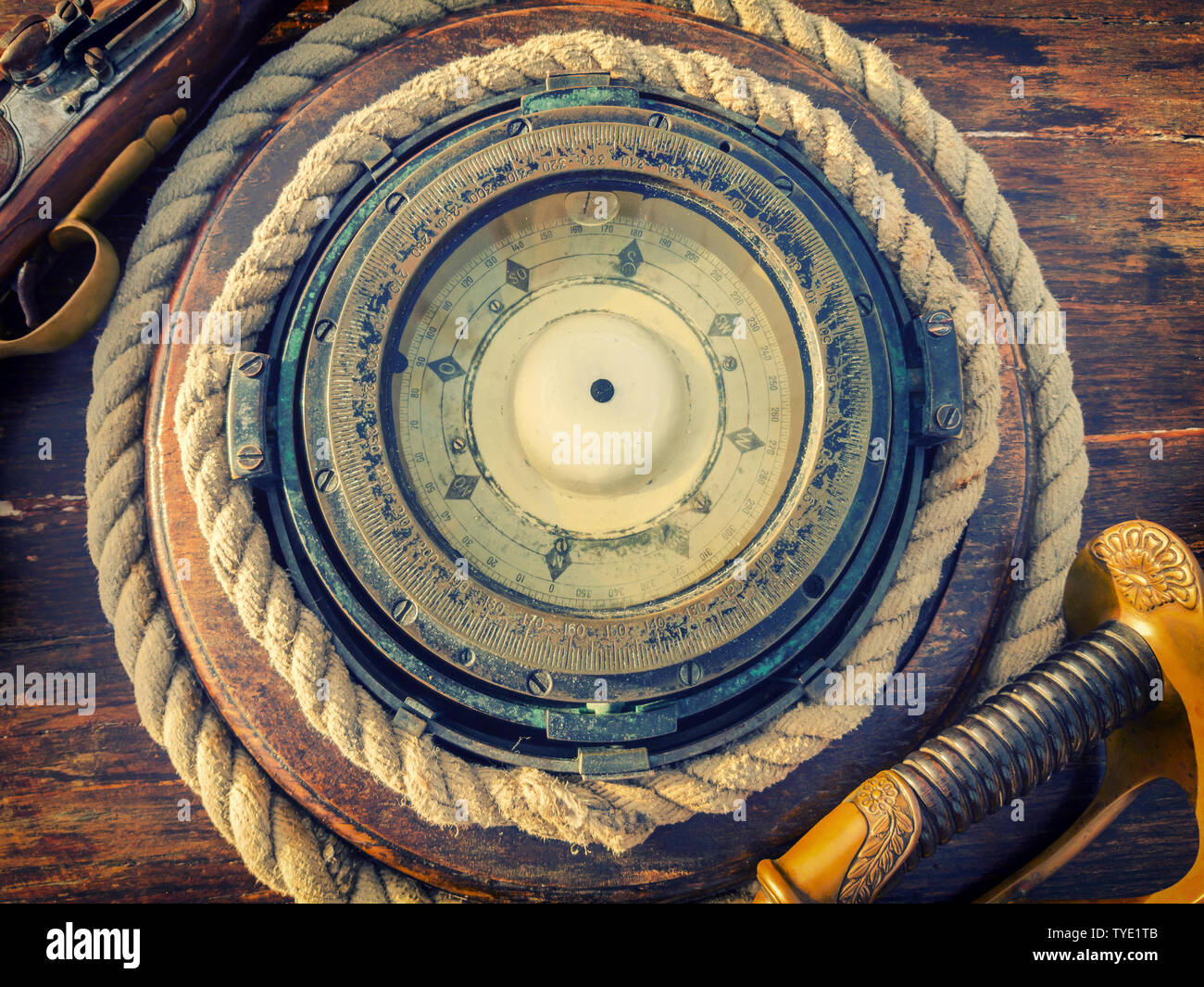 Ancient ship's compass. Pirate background Stock Photo - Alamy