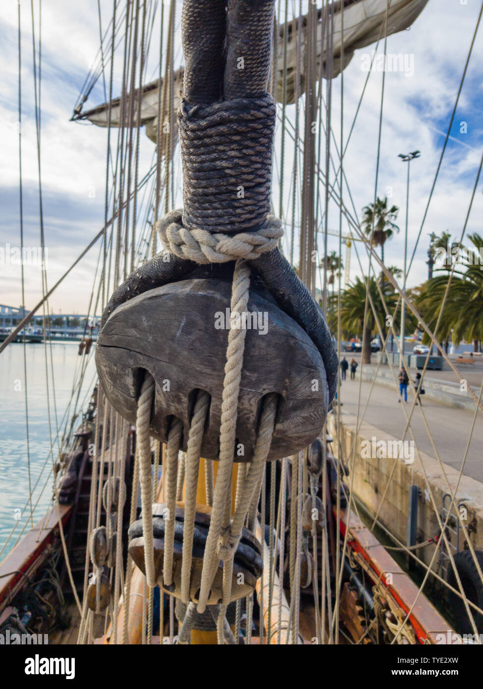Large wooden deadeye. An old sailing ship Stock Photo - Alamy
