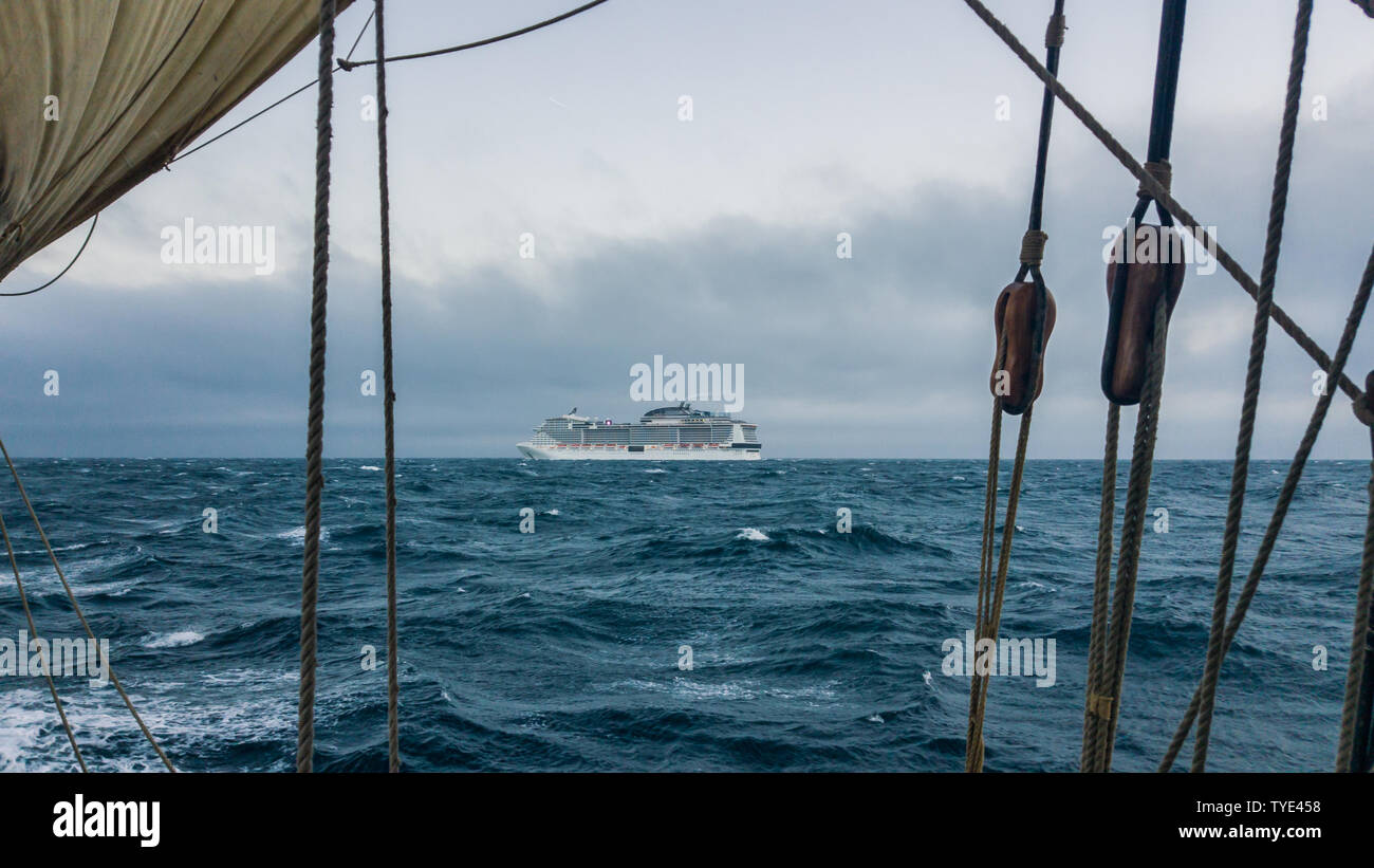 View through the rigging of a sailing ship on a cruise liner Stock ...