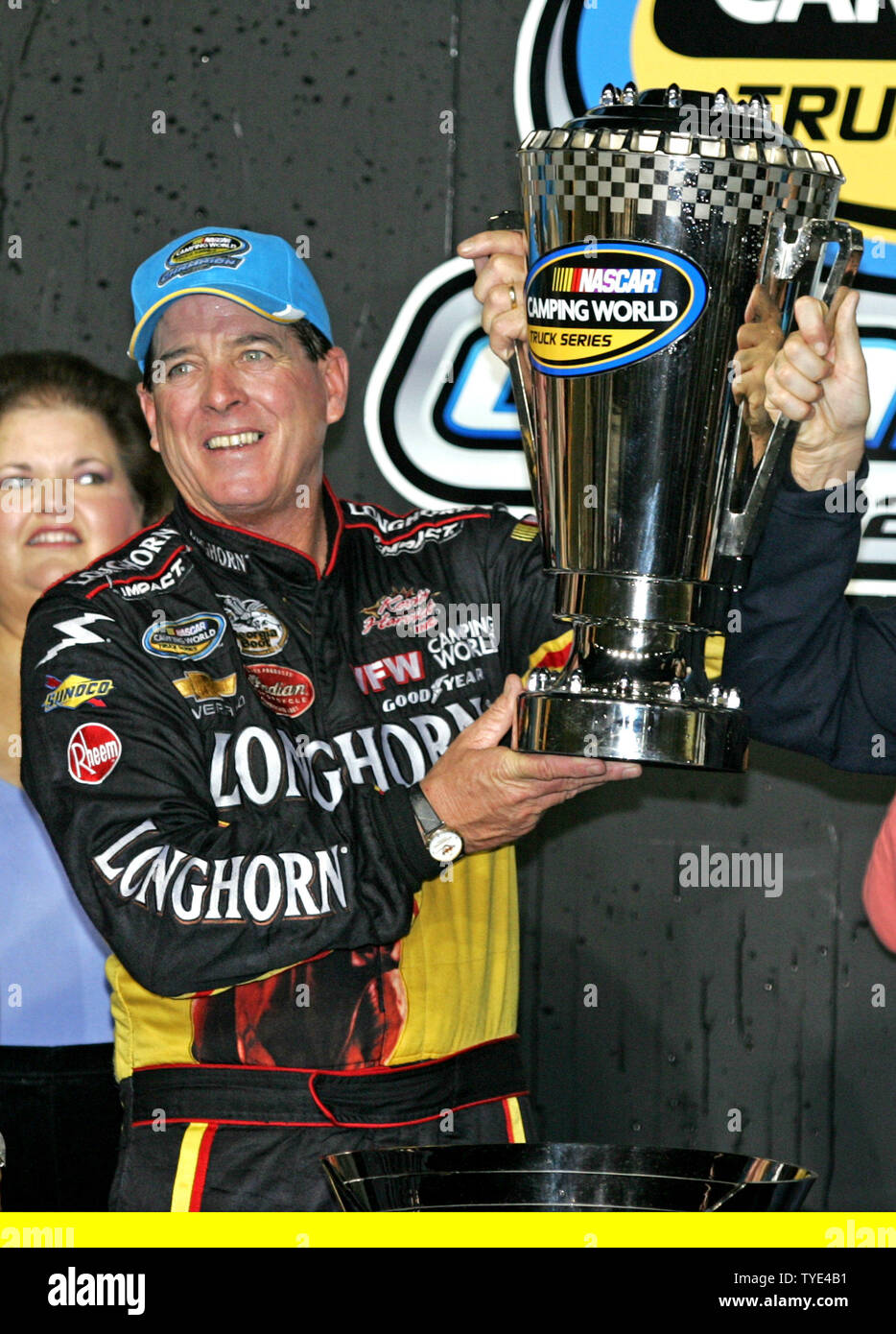 Ron Hornaday Jr celebrates winning the NASCAR Camping World Truck ...