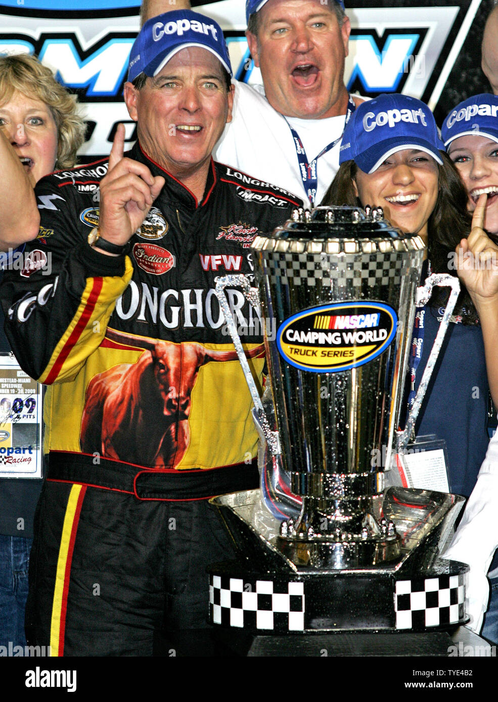 Ron Hornaday Jr celebrates winning the NASCAR Camping World Truck ...