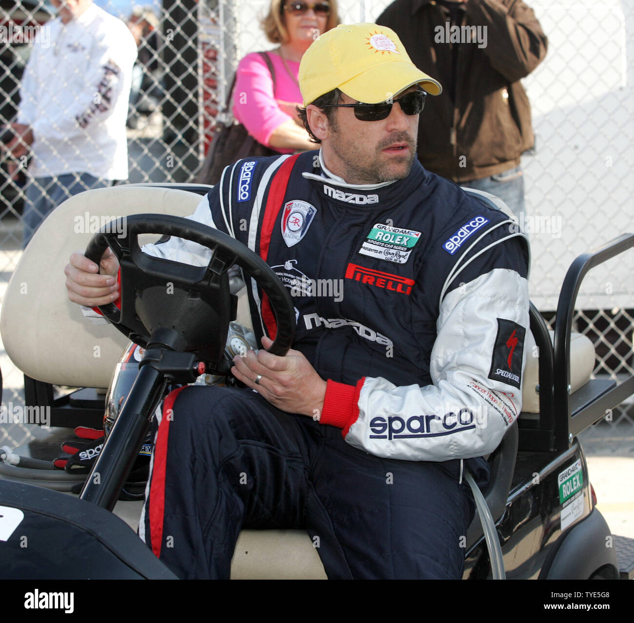 Actor Patrick Dempsey arrives at his pit box prior to the Rolex Series ...